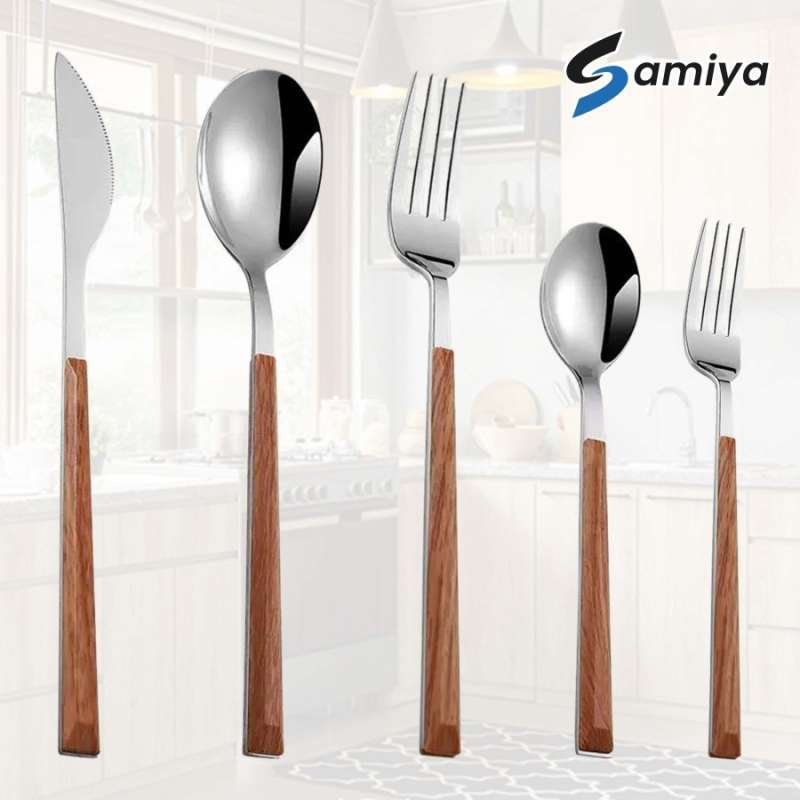 Promo wood grain cutlery set paket sendok garpu stainless korea handle ...