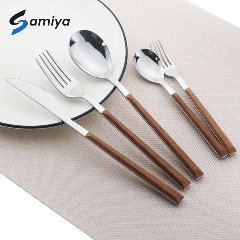 Promo wood grain cutlery set paket sendok garpu stainless korea handle ...