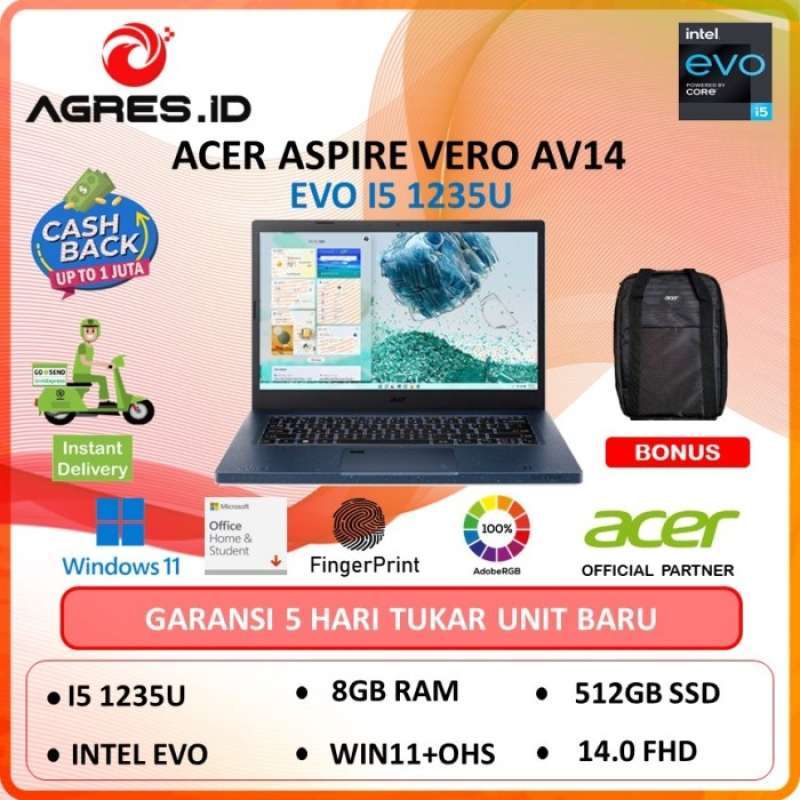 Jual ACER ASPIRE VERO AV14 Core i5-1235U 8GB 512GB SSD 14″ FHD EVO W11 ...