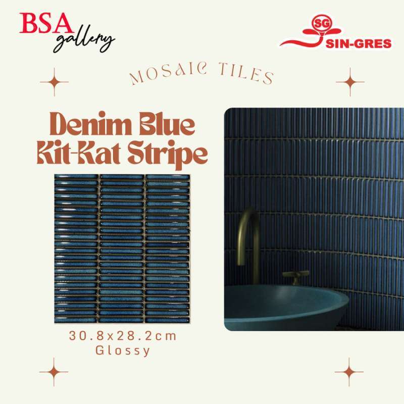 Jual Mosaic Tile Denim Blue Kitkat Stripe / Keramik Mozaik Biru Dinding ...