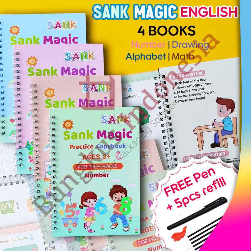 Jual 4pcs Sank Magic Book Buku Belajar menulis Anak Buku Angka Huruf ...