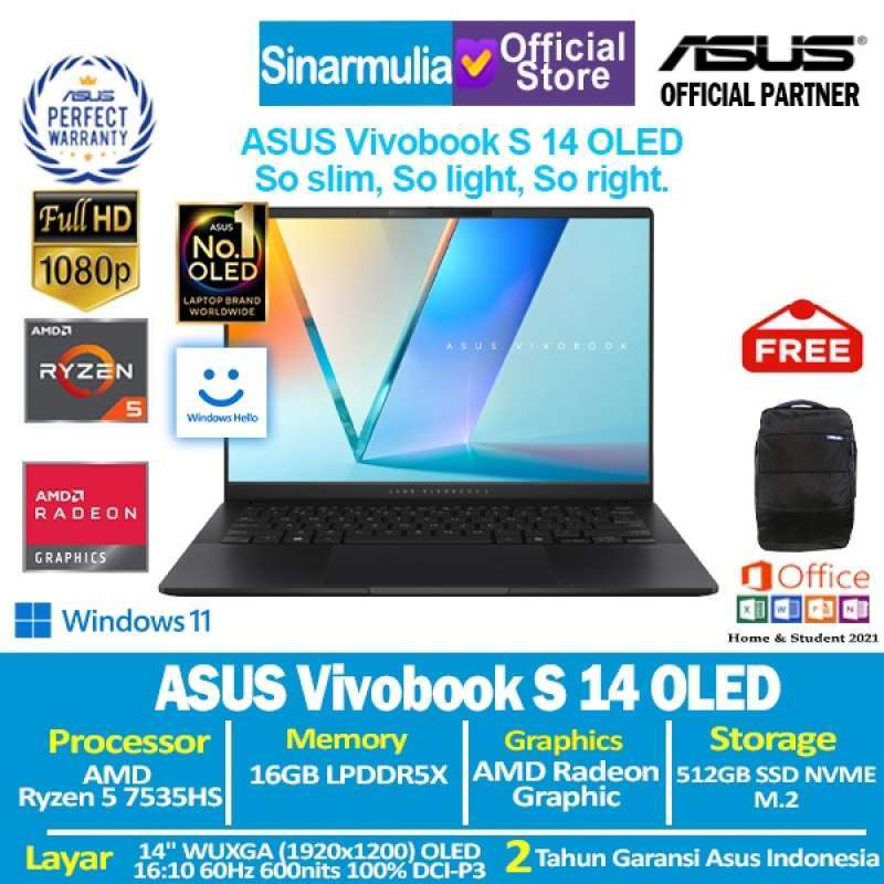 Promo Asus Vivobook S 14 Oled M5406na Ryzen 5 7535hs 512gb Ssd 16gb Wuxga Win11+ohs Diskon 15% ...