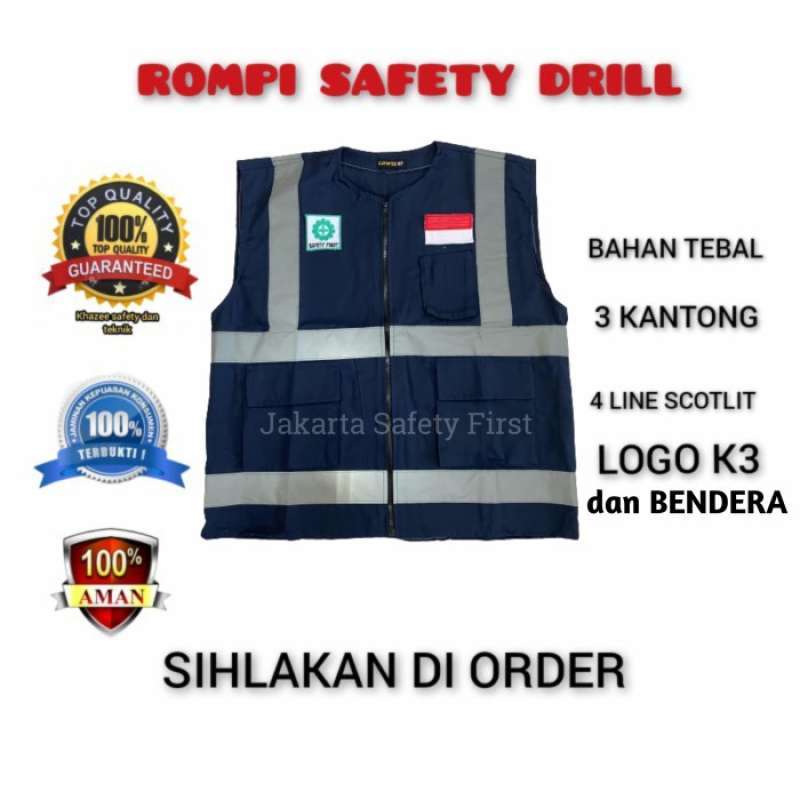 Promo Rompi Safety Drill Biru Dongker Proyek + Logo K3 Dan Bendera ...
