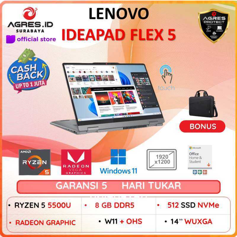 Jual Lenovo Ideapad Flex 5 14 Touch Ryzen 5 5500u 8gb 512gb W11 Ohs Wuxga Blit Fp Pen 2in1 2y