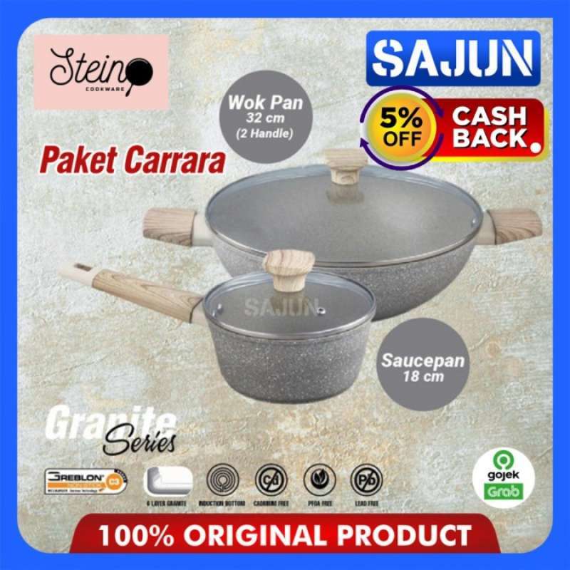 Promo Stein Cookware Paket Carrara Granite Greblon Set Wok Pan & Sauce ...