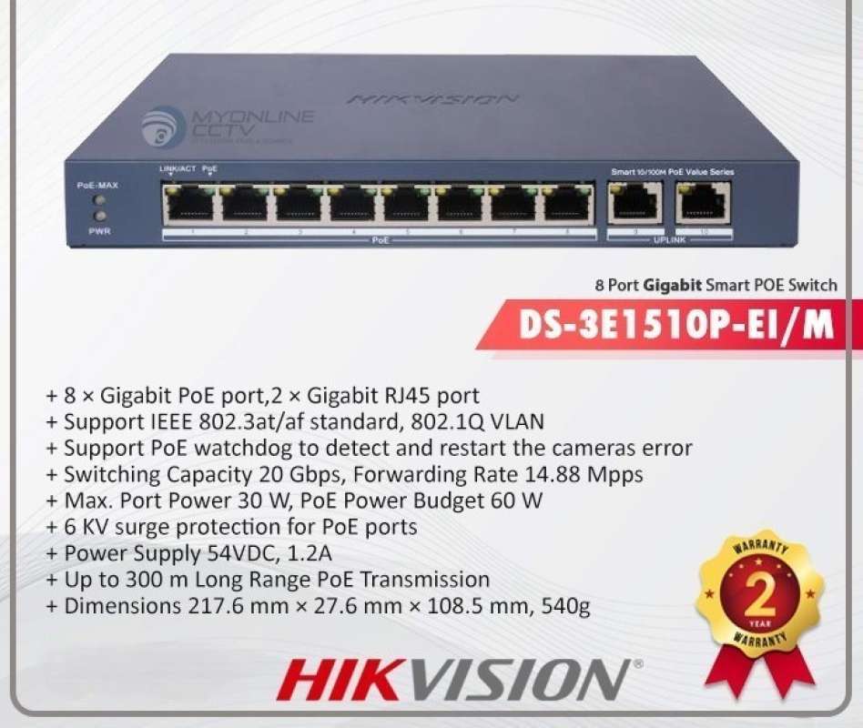 Jual Hikvision Ds-3e1510p-ei/m 8 Port Gigabit Smart 60W Poe Switch ...