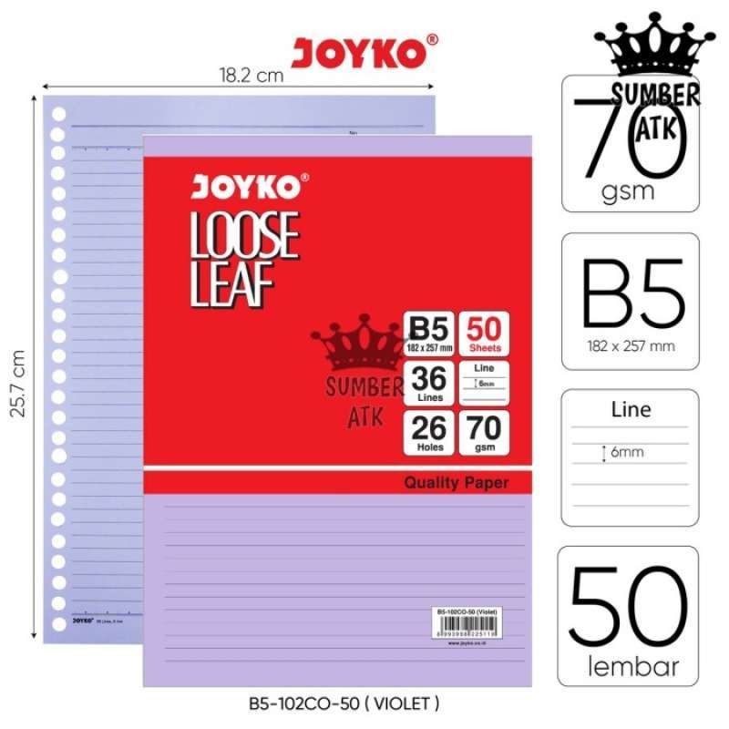 Jual Loose Leaf Color Isi Kertas File Binder Warna Joyko B5 50 lembar - Violet di Seller Grand ...