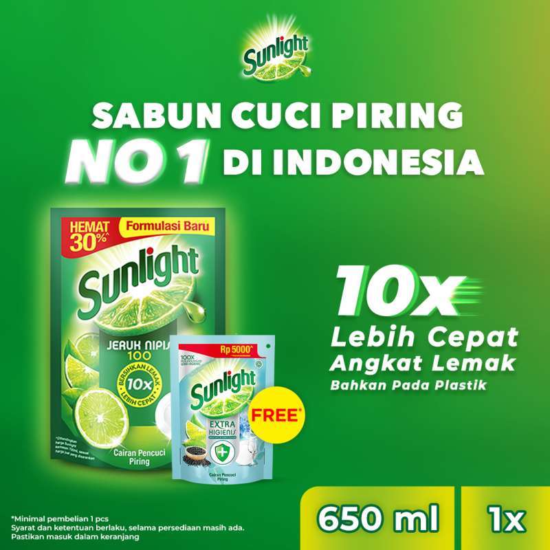 Promo Sunlight Sabun Cuci Piring Cair Refill Jeruk Nipis [650 Ml] Free Sunlight Higienis [210 Ml ...