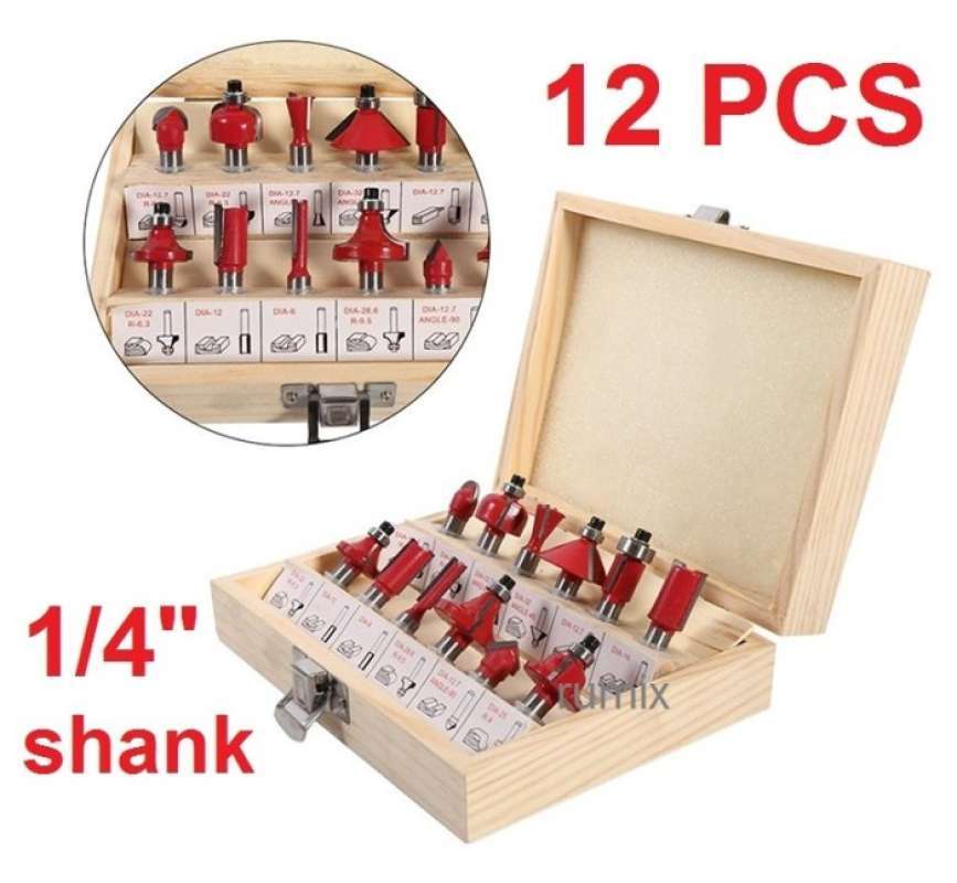 Promo Mata Profil Set 12pcs Trimmer Router Bits Set 1/4” Kayu Router ...