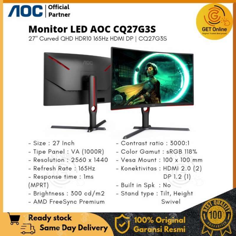 Promo Aoc Cq27g3s 27 Curved Monitor Qhd 165hz 1ms Hdmi Dp Freesync ...