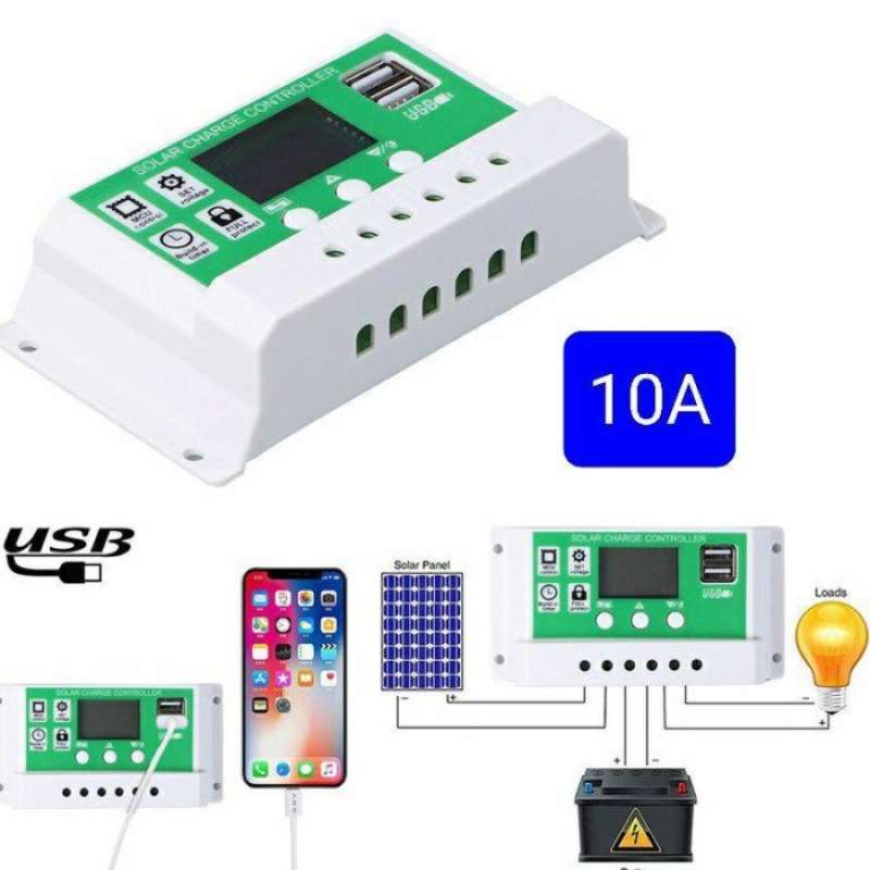 Promo Solar panel surya controller 10A 12V / 24V plus USB max 2,5A ...