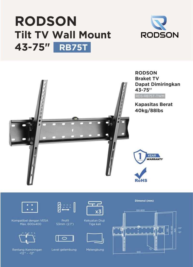 Promo Rodson Rb75t Bracket Tv Monitor 32 40 43 49 50 55 60 65 75 Inch ...