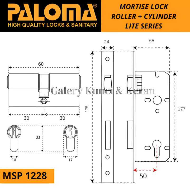 Jual Mortise Lock Roller Paloma Msp 1228 Sus 304 Set Cylinder 40mm ...