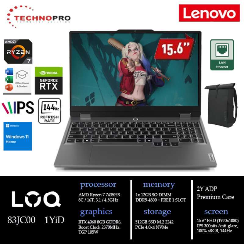 Promo Lenovo Loq 15arp9 1yid || Amd Ryzen 7 7435hs Rtx 4060 12gb 512gb Ssd Windows 11 Home Ohs ...