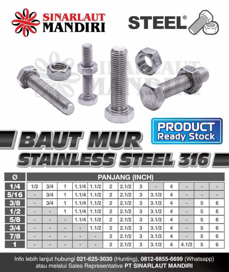 Jual Baut Mur Stainless Steel 316 / Bm Ss / Plated Bolt & Nut 1 X 3.1/2 ...