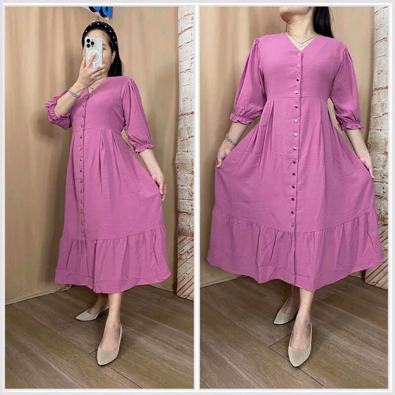 Promo Mahalini Midi Dress Polos Casual Jalan Santai Liburan Manis ...