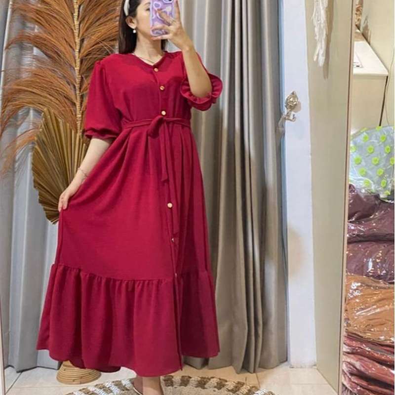 Promo Mahalini Midi Dress Polos Casual Jalan Santai Liburan Manis ...