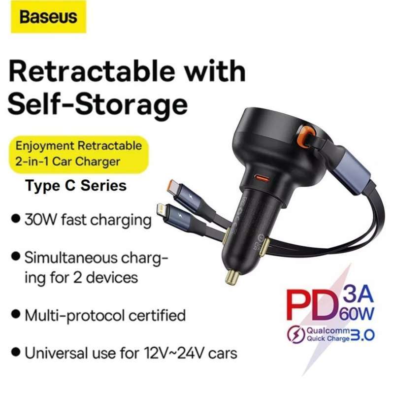 Promo Baseus Car Charger Enjoyment Pro Retractable Cable Type C 60w ...