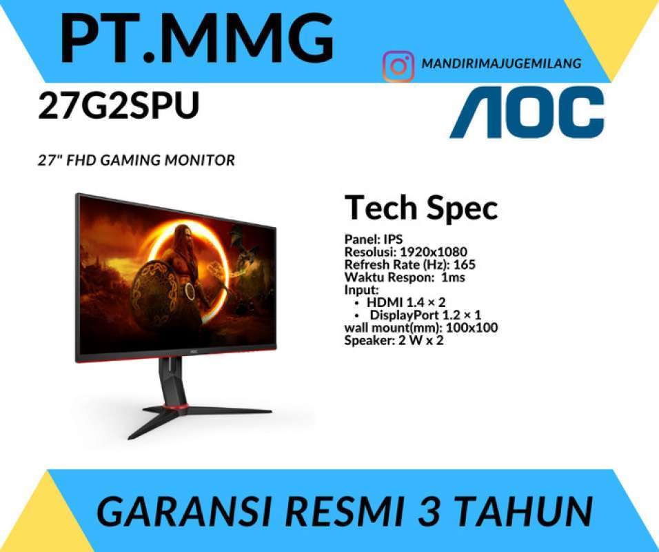 Promo Monitor LED Gaming AOC 27G2SPU 27 IPS FHD 165Hz 1080p HDMI DP ...