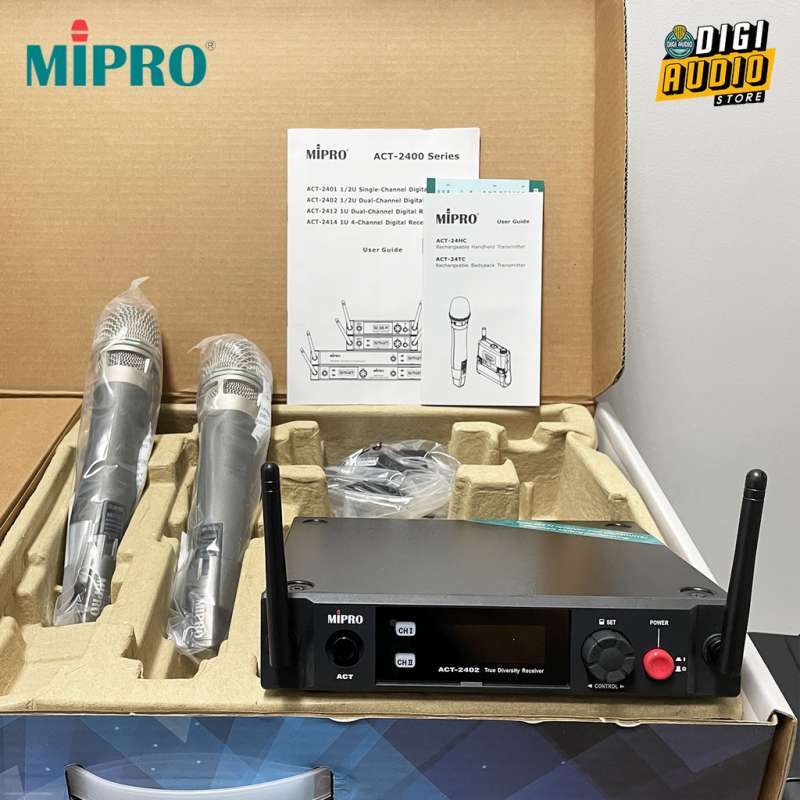 Jual Microphone Wireless Vocal - 2 Mic Rechargeable Handheld Digital 2.4ghz Mipro Act-2402 Di ...