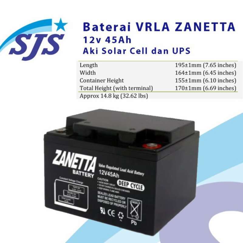 Promo aki vrla 12v 45ah zanetta deep cycle /aki solar cell atau aki ups ...