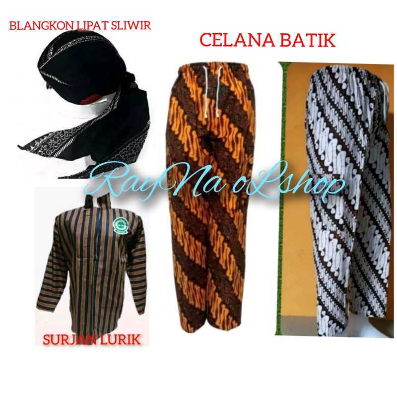 Promo 1 Set Setelan Baju Surjan Lurik Pria + Blangkon Lipat Sliwir + Celana Batik, Pakaian Tenun ...