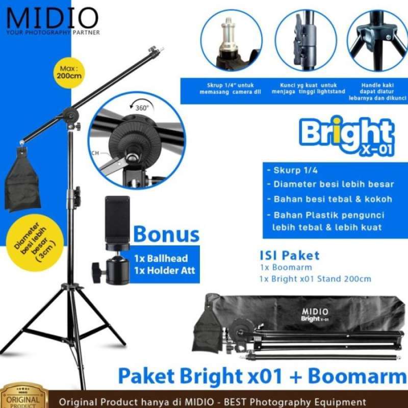 Jual Paket Foto Studio Light Stand Premium Bright X-01 Plus Boom Arm Di ...