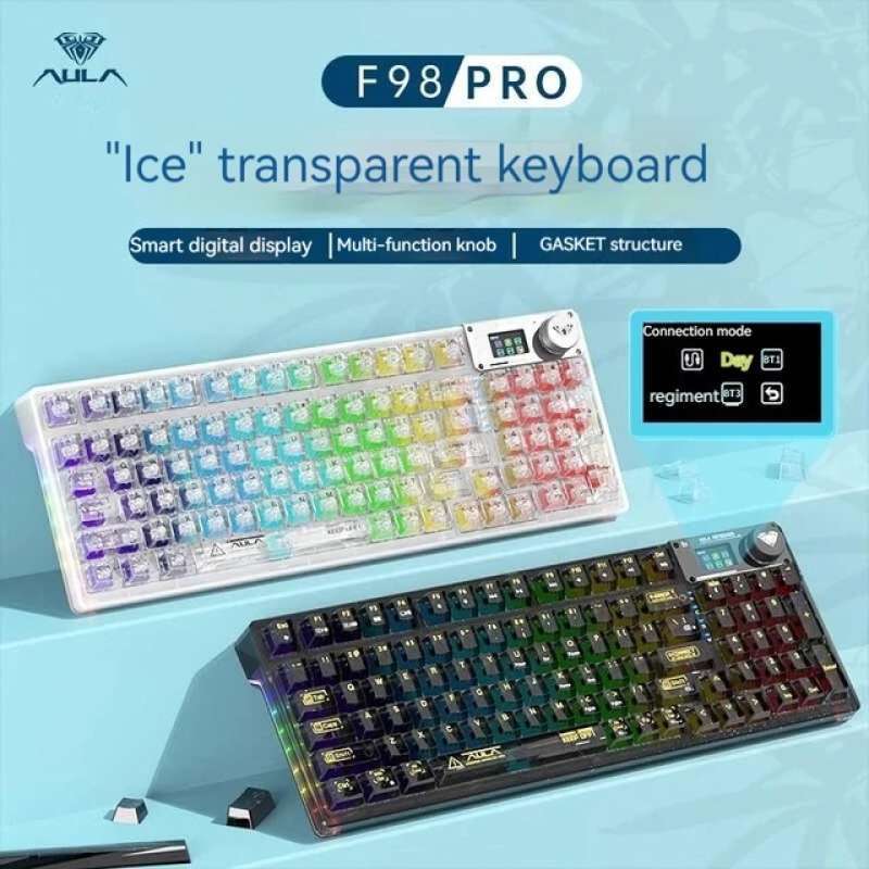 Promo Keyboard Gaming Aula F98pro Fully Transparent Rgb Lcd Smart Display Monitor With 3 Mode ...