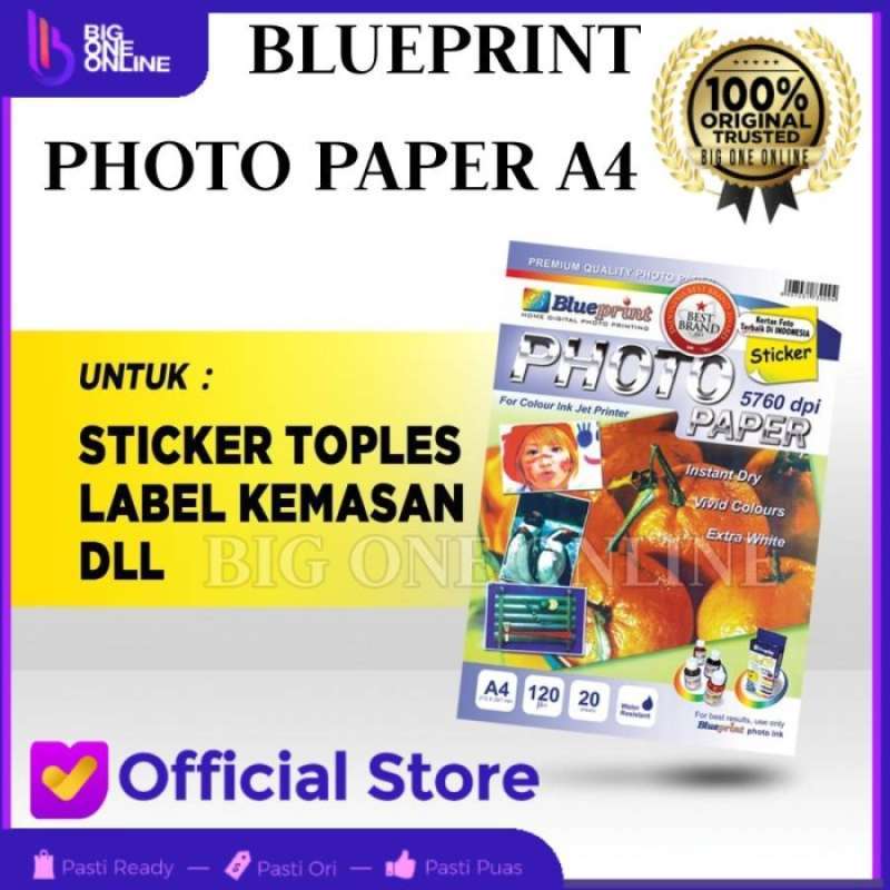Jual Blueprint Glossy Sticker Photo Paper A4 120gsm, Kertas Foto Stiker ...