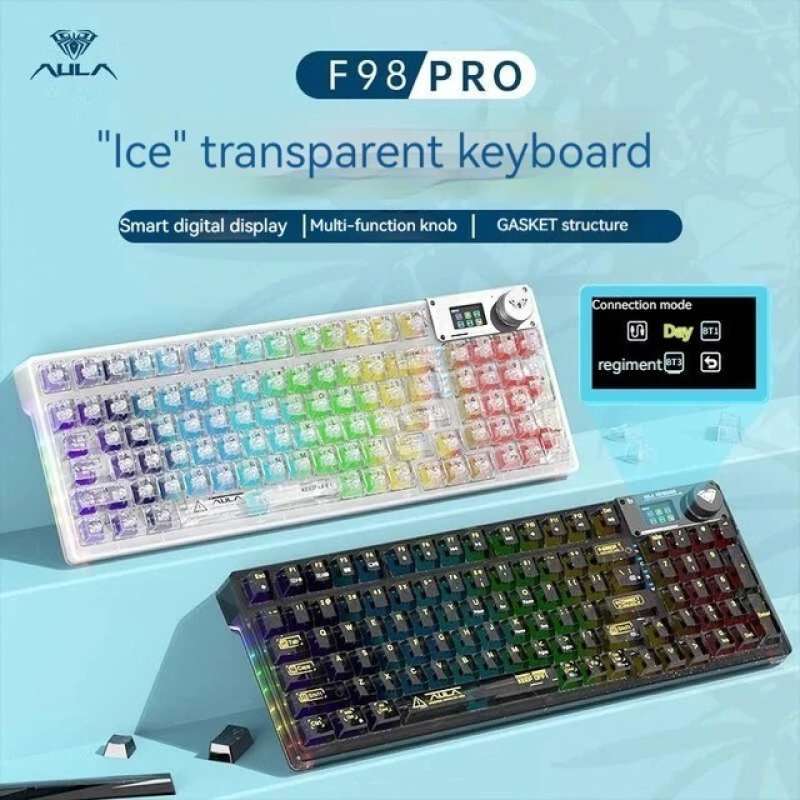 Promo Keyboard Gaming Aula F98pro Fully Transparent Rgb Lcd Smart Display Monitor With 3 Mode ...