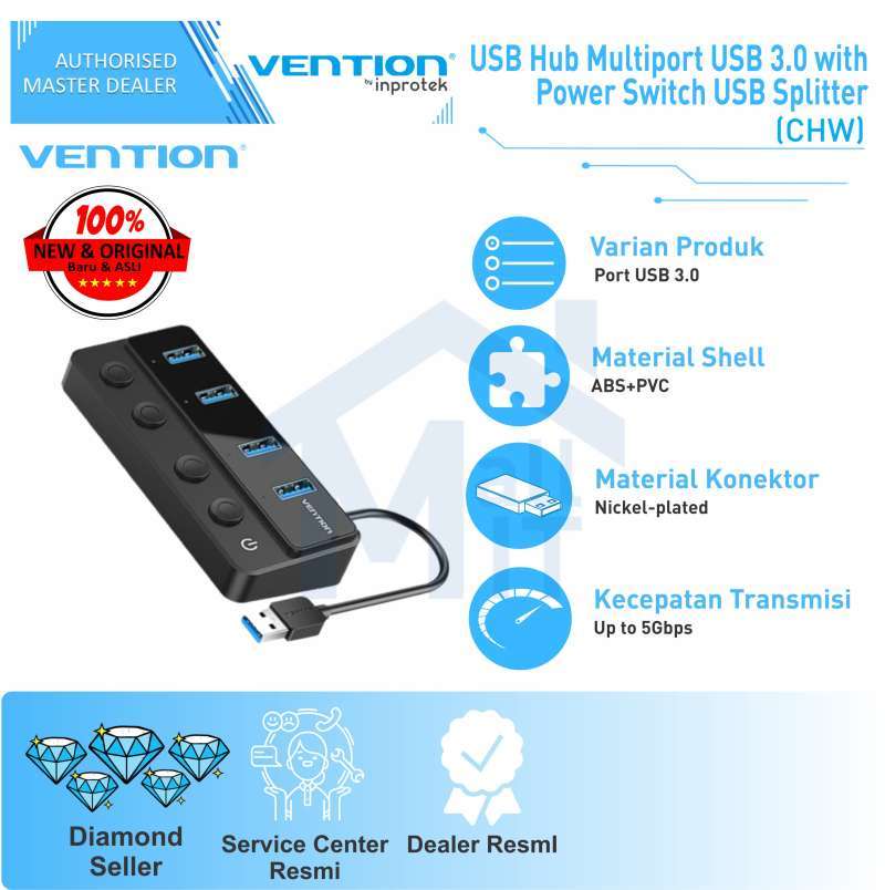 Jual Vention USB Hub Multiport USB 3.0 Splitter Power Switch 5 Gbps Chx ...