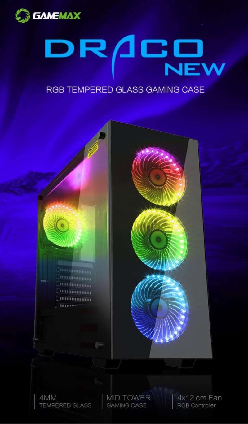 Promo Game Draco Rgb Tempered Glass Mid Tower Gaming Case With 4 Fan ...
