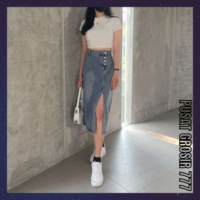 Jual Pg777 Rok Panjang Slit Belah Kancing 4 Denim Skirt Fnr 15 - M Di ...