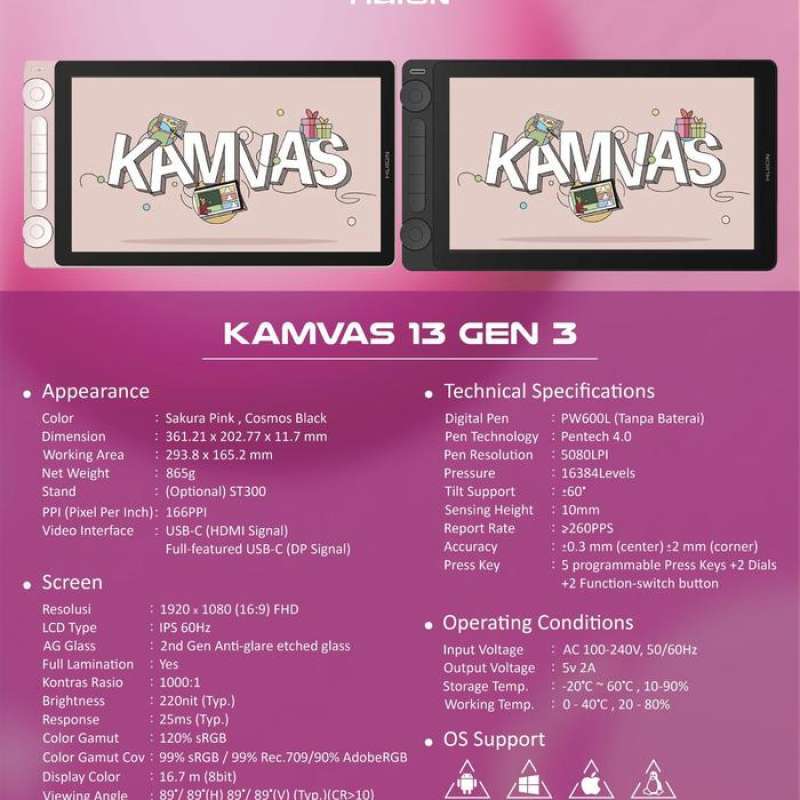 Jual Huion Kamvas 13 Gen 3 Pen Tablet Display 13 Inch Full Hd 120% Srgb ...