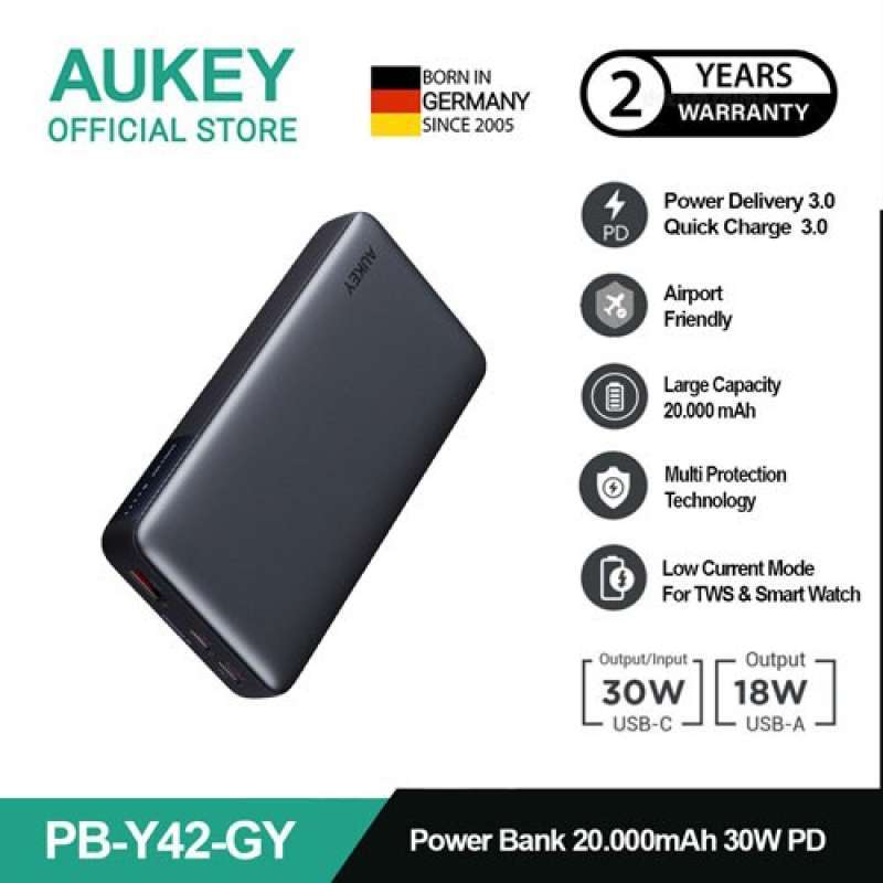 Promo AUKEY POWERBANK 20000MAH PB-Y42-GY USB C 30W PD 3.0 SLIM - NAKULASTORE Diskon 50% di ...