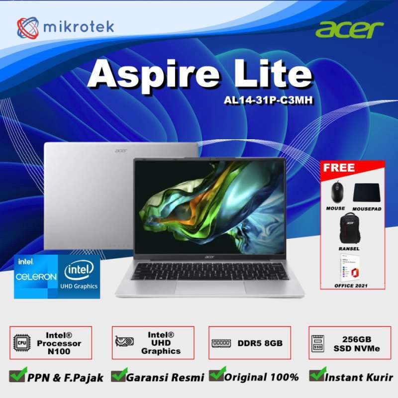 Promo Acer Aspire Lite Celeron N100 8gb 256 ssd ohs w11 AL14-31P-C3MH ...