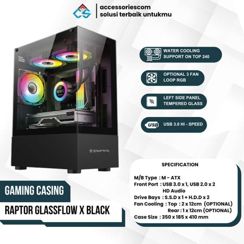 Jual Gaming Casing Raptor Glass Flow X Black Series - Casing Gaming ...