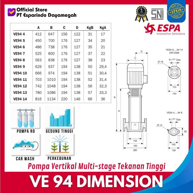 Jual Espa Ve 94-13 4kw 5.5hp Pompa Booster Vertikal Multistage Ro ...