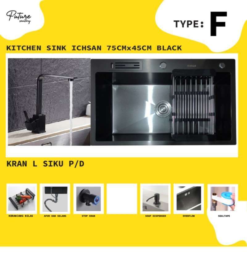 Promo Kitchen Sink 1 Bowl Elegant Black Luxury Ss 304 Paket Kran ...