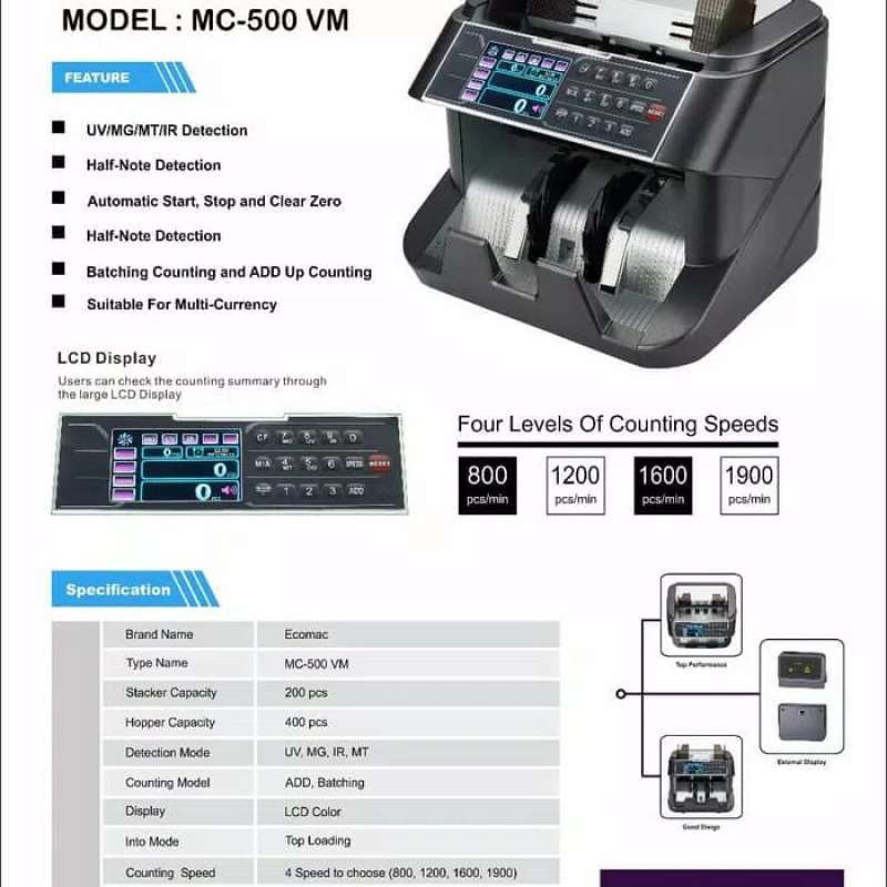 Jual Mesin Hitung Uang Ecomac Mc500 Vm /alat Penghitung Money Counter ...