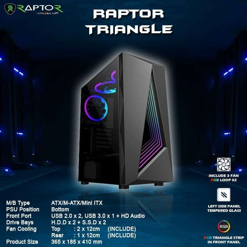 Jual Casing Komputer Gaming Power Up Raptor Triangle Free 3Fan RGB M ...