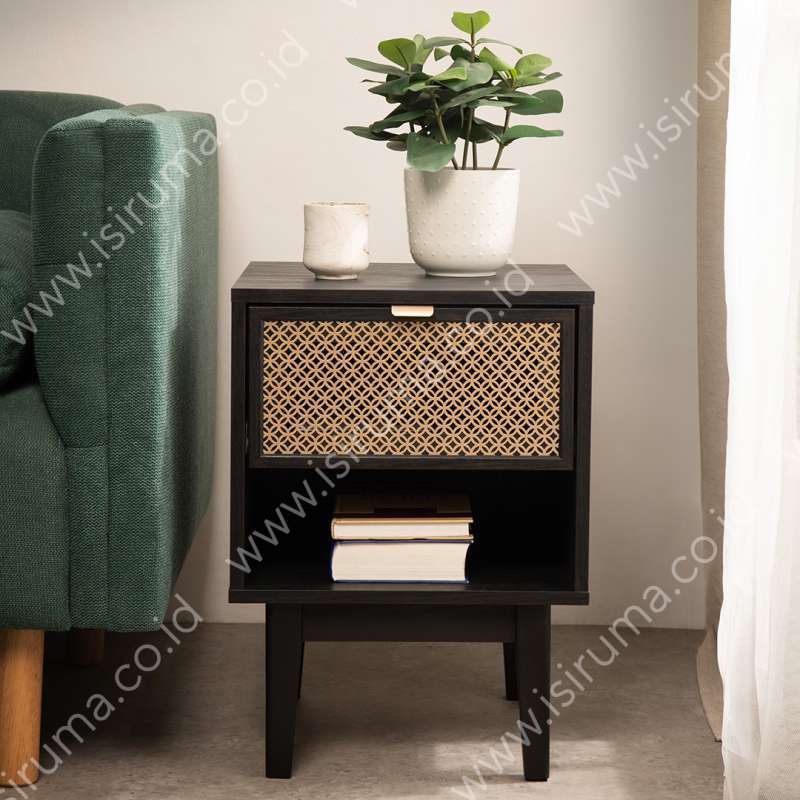 Promo Meja Samping Nakas Side Table Drawer Minimalis SUPER RETRO - ISIRUMA - Black Woodgrain ...