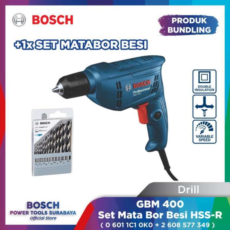 Jual Mesin Bor Kayu & Besi 10mm Bosch GBM 400 + Mata Bor Besi Set HSS-R ...