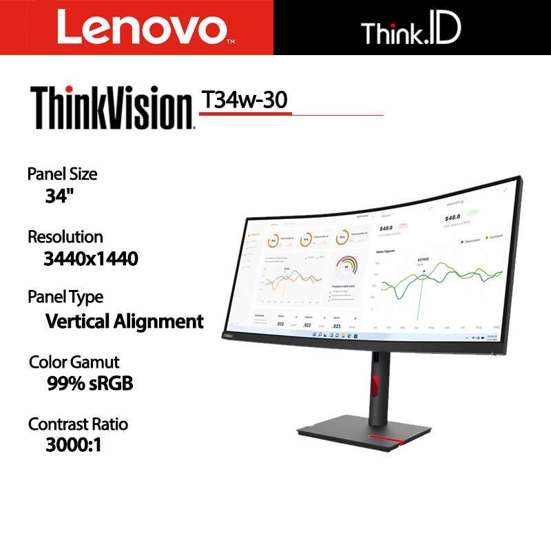 Jual Monitor LED Lenovo ThinkVision T34W-30 34 Curve WQHD 3440x1440 di ...