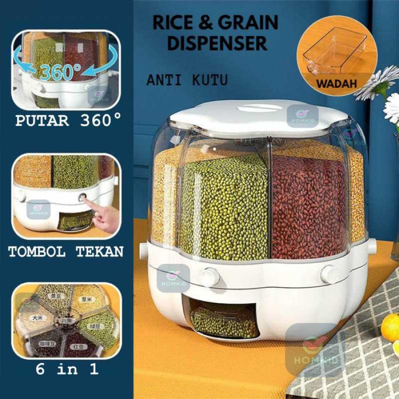 Jual Dispenser Beras 6 In 1 Rice Grain 12liter Putar 360 Wadah ...