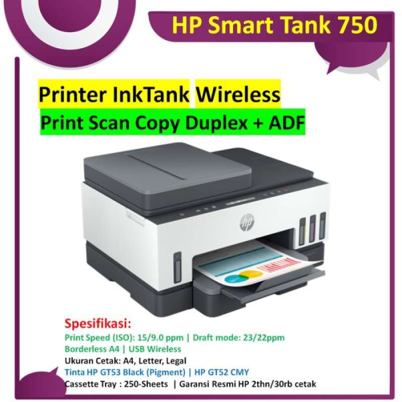 Promo HP Smart Tank 750 Printer InkTank Wireless ADF Duplex Printing - Multicolor Diskon 26% di ...