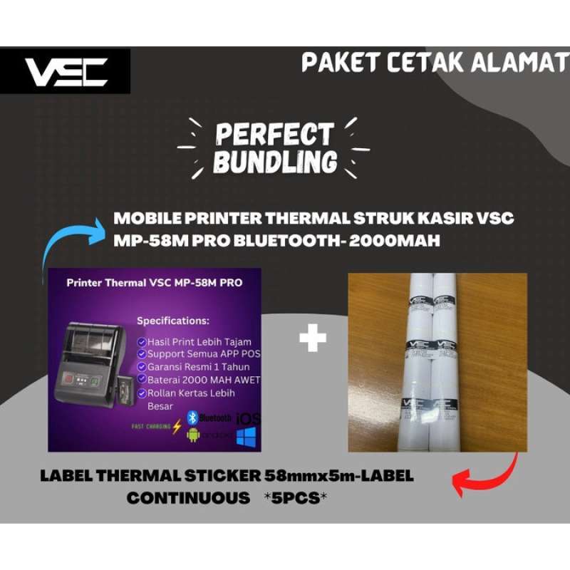 Promo MOBILE PRINTER THERMAL STRUK KASIR VSC MP-58M PRO BLUETOOTH+5PCS ...