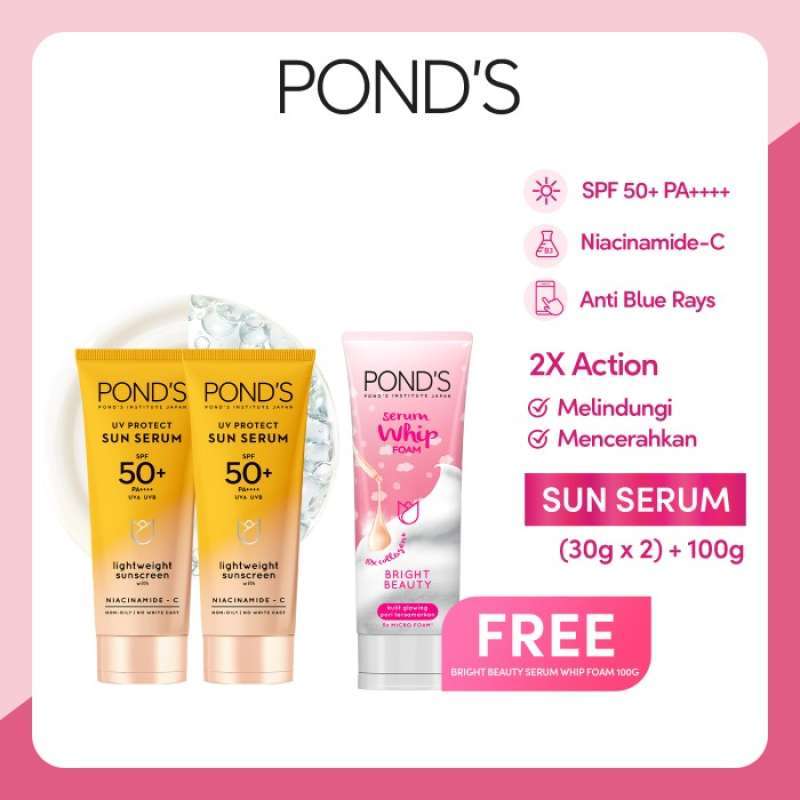 Promo Ponds Sun Serum Spf50 Twinpack Free Ponds Bright Beauty Whip 100g ...