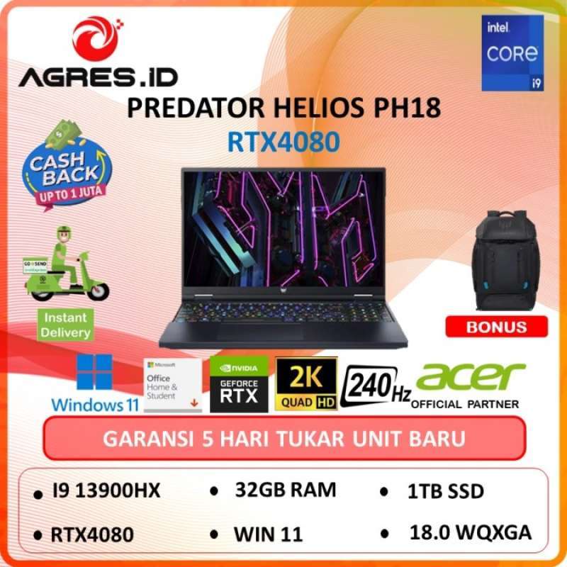 Promo Acer Predator Helios 18 Ph18 Rtx4080 I9 13900hx 32gb 1tb Ssd Ohs Diskon 33% Di Seller ...