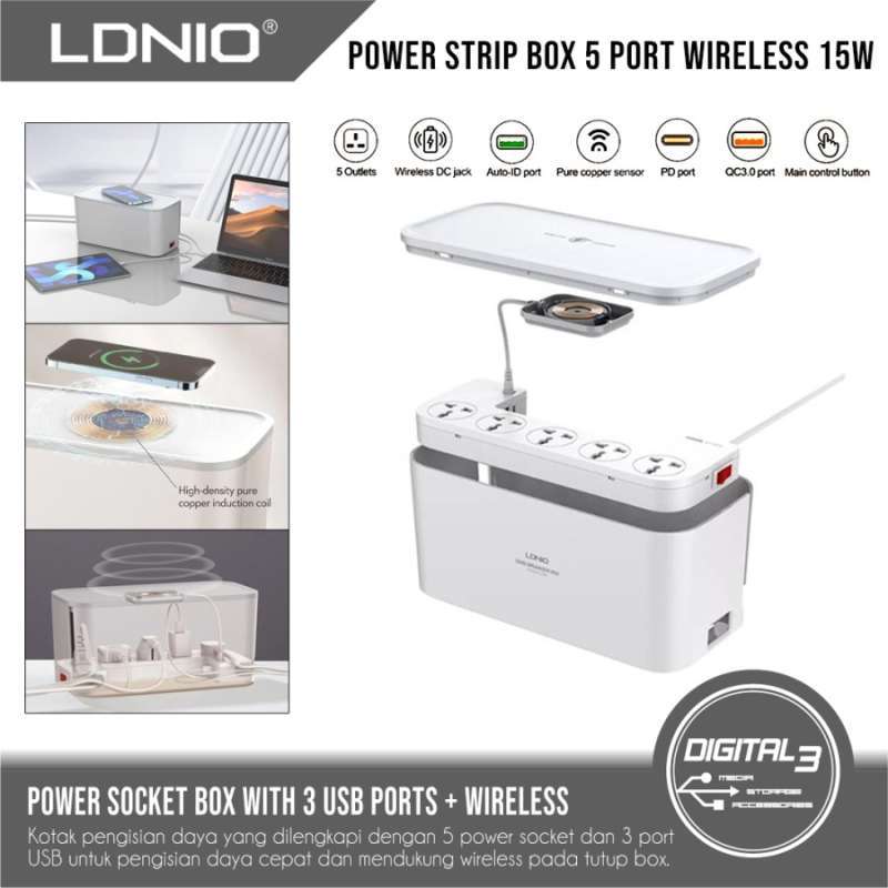 Jual LDNIO SCW5354 Stop Kontak 5 Socket Power Strip Box USB + Wireless 15W di Seller Digital 3 ...